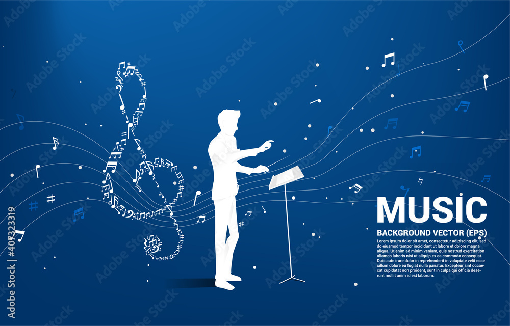 Vector silhouette of conductor with music melody shape sol key note ...