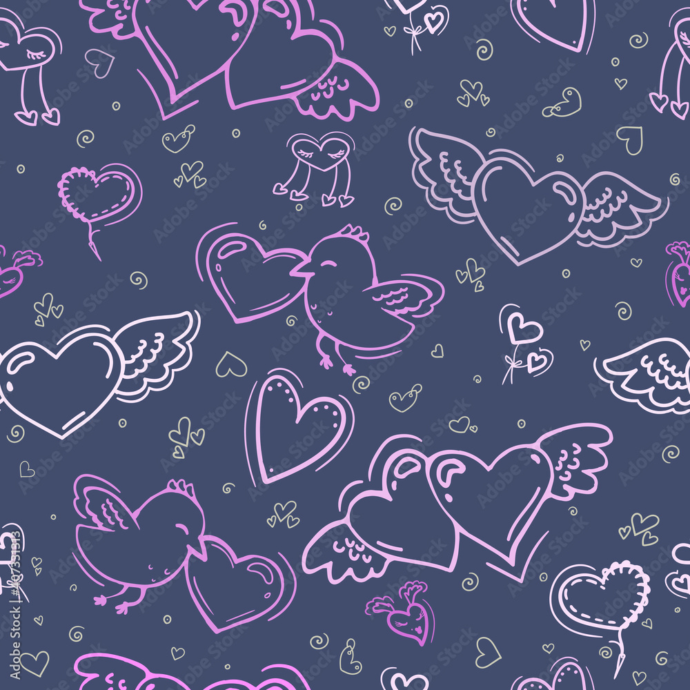 Cute pattern with hearts and birds. Pink drawing on a gray background ...