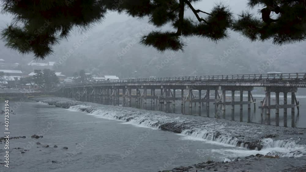 Japan Winter Scene, Togetsu-kyo Bridge after snow in Arashiyama Stock ...