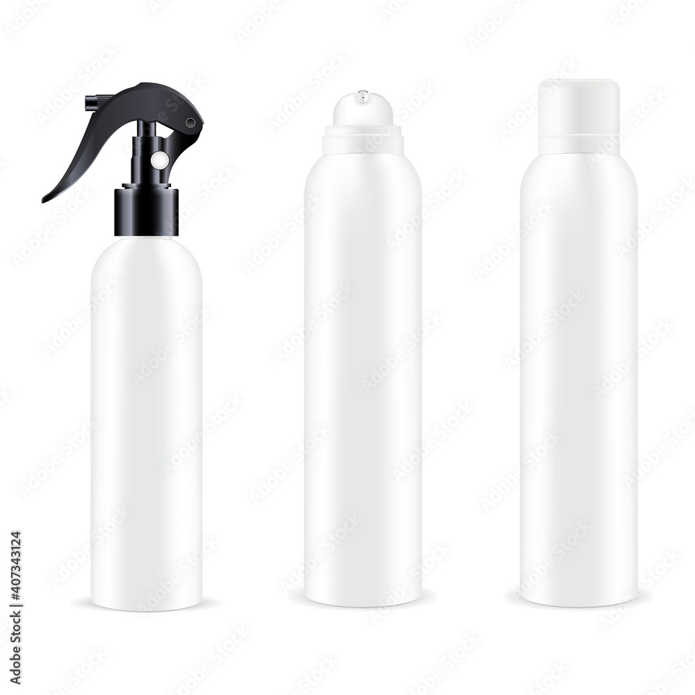 White spray bottle. Aerosol deodorant cosmetic mockup. Aluminum air ...