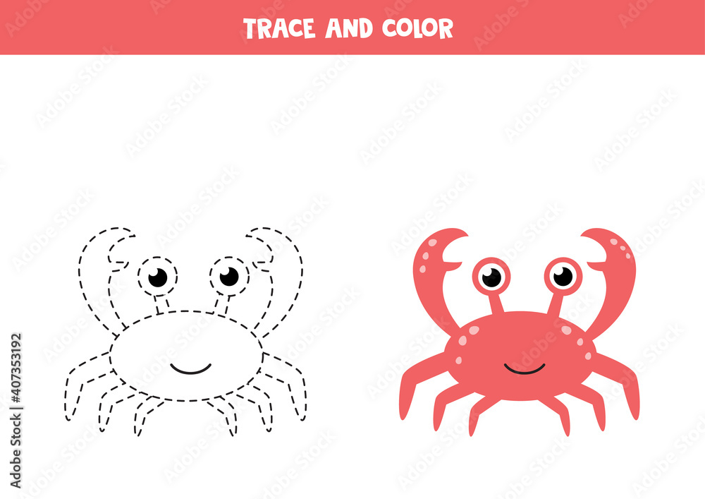 Trace and color cartoon cute crab. Funny worksheet for kids. Stock ...