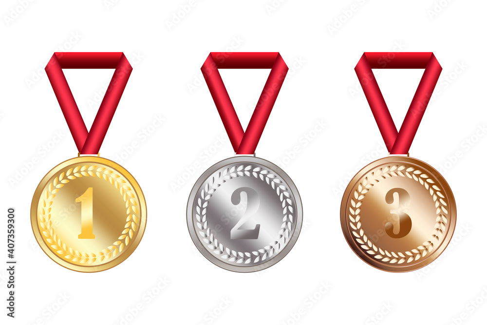 Gold, silver and gold medals on red ribbons. Prize awards for first ...