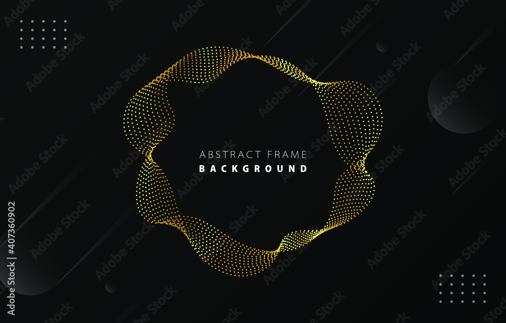 Futuristic metal gold dot wave frame vector black Memphis background ...