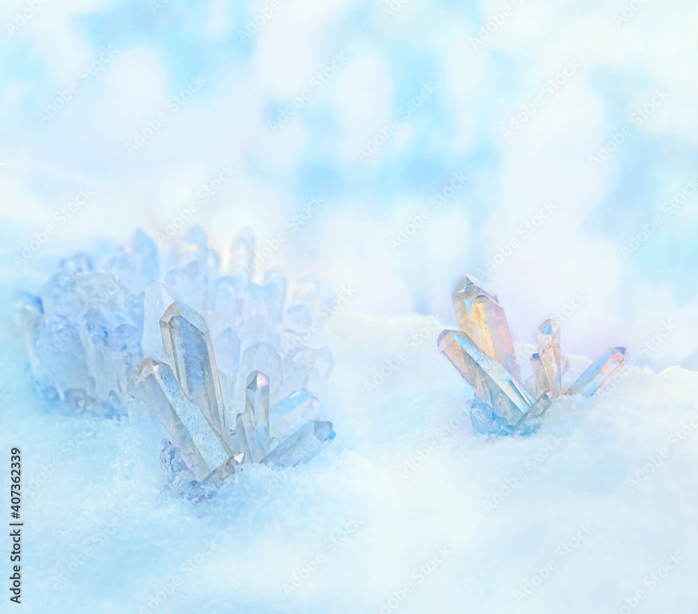 snowy background with Clear quartz mineral. aura quartz crystal stone ...