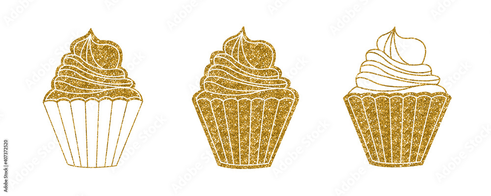 Set of a gold cupcake isolated on white background for postcard, logo ...