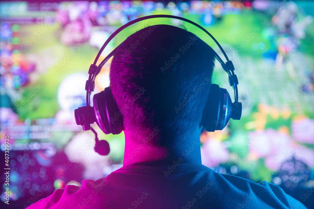 Professional cyber gamer studio room with personal computer for stream ...