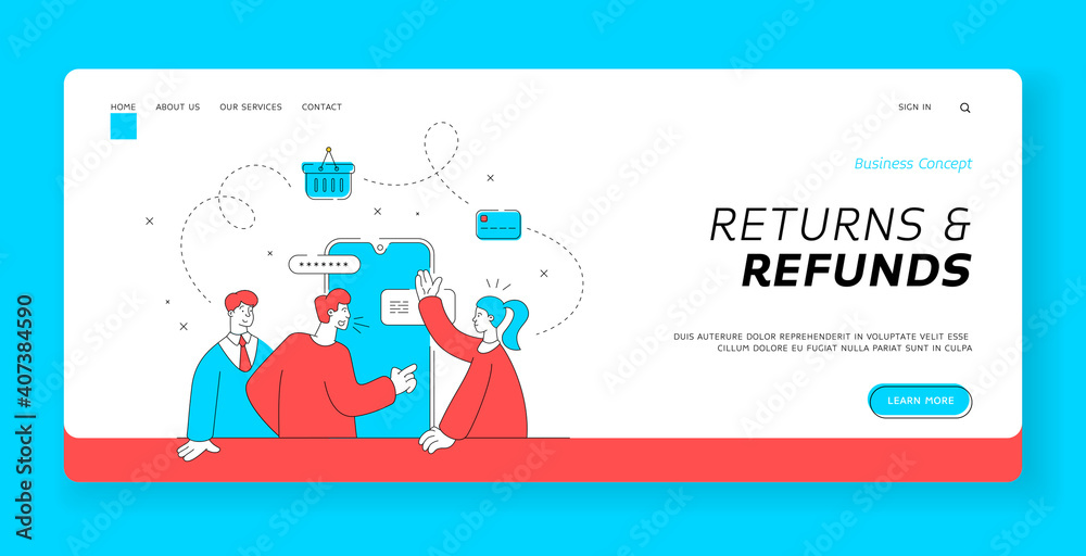 Returns and refunds banner template. Flat style illustration, thin line ...
