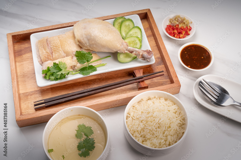 Hainanese chicken rice on a white table background, Steamed chicken ...