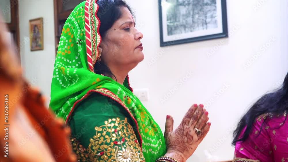 Indian Woman Clapping Hands In Devotion To God During Diwali Pooja ...
