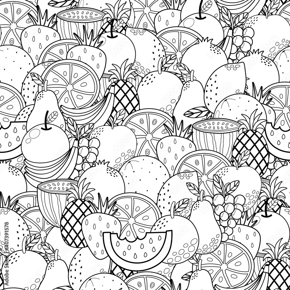 Doodle fruits black and white seamless pattern. Healthy food coloring ...
