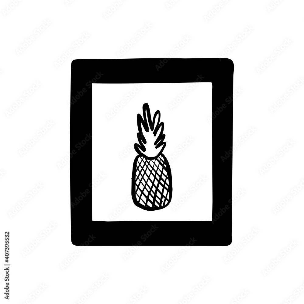 Doodle illustration picture in a frame, Poster with pineapple in black ...