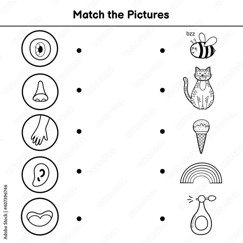 Five senses matching game for kids. Sight, touch, hearing, smell and ...