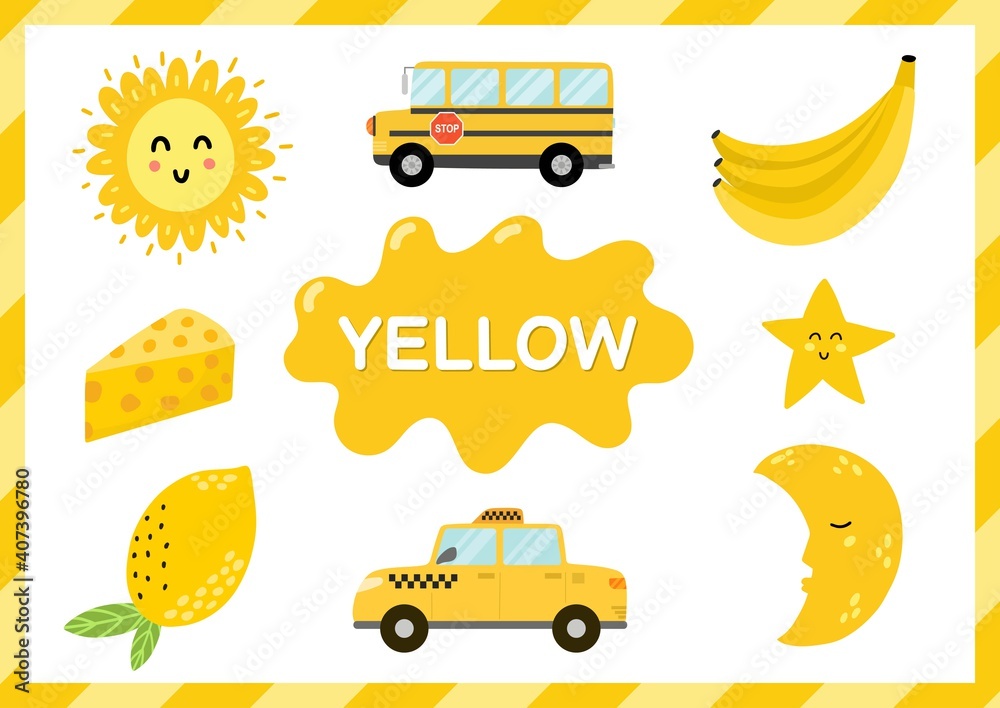 Yellow. Educational worksheet for kids. Learning the color yellow set ...