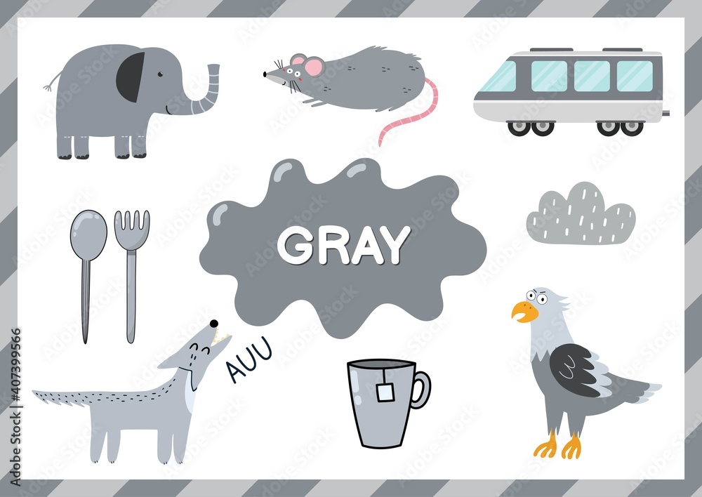 Gray. Educational worksheet for kids. Learning the color gray set ...