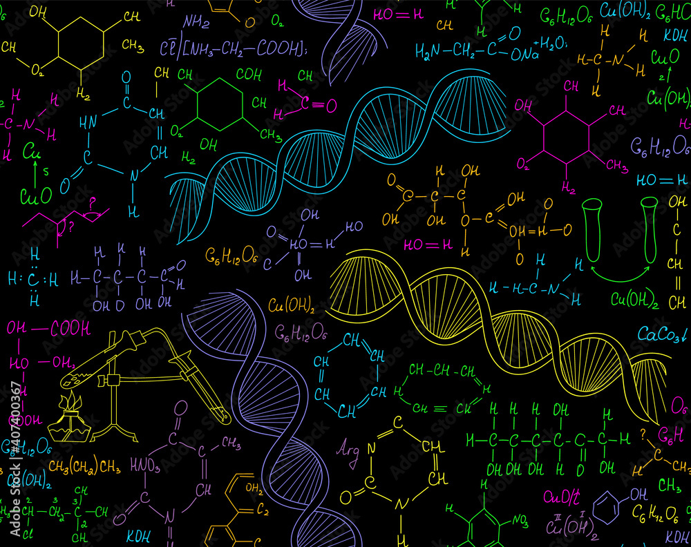 Multicolored chemistry vector seamless pattern with molecular formulas ...