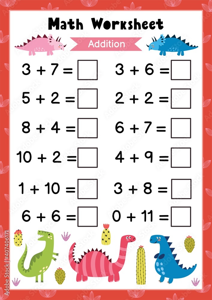 Math worksheet for kids. Addition. Mathematic activity page with cute ...