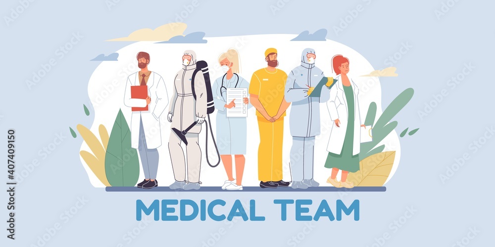 Set of cartoon flat doctor characters and nurses in uniform,white lab ...