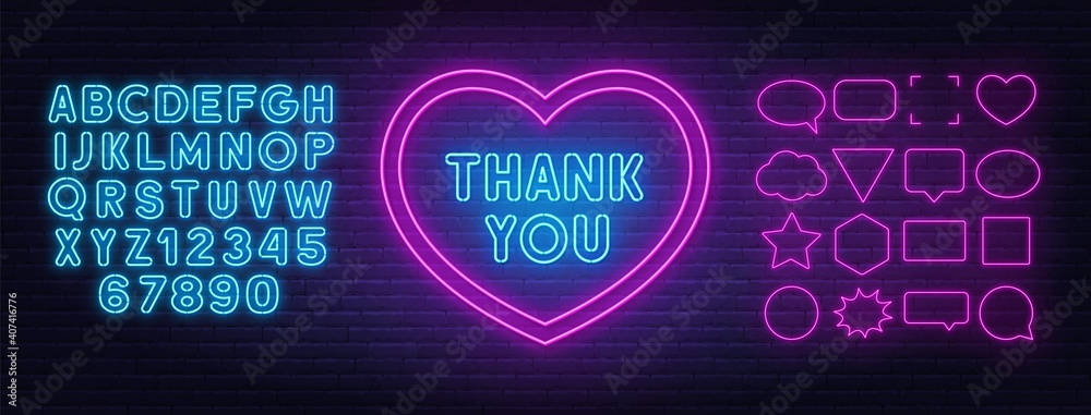 Thank you neon sign in a heart-shaped frame on brick wall background. Blue neon alphabets and ...