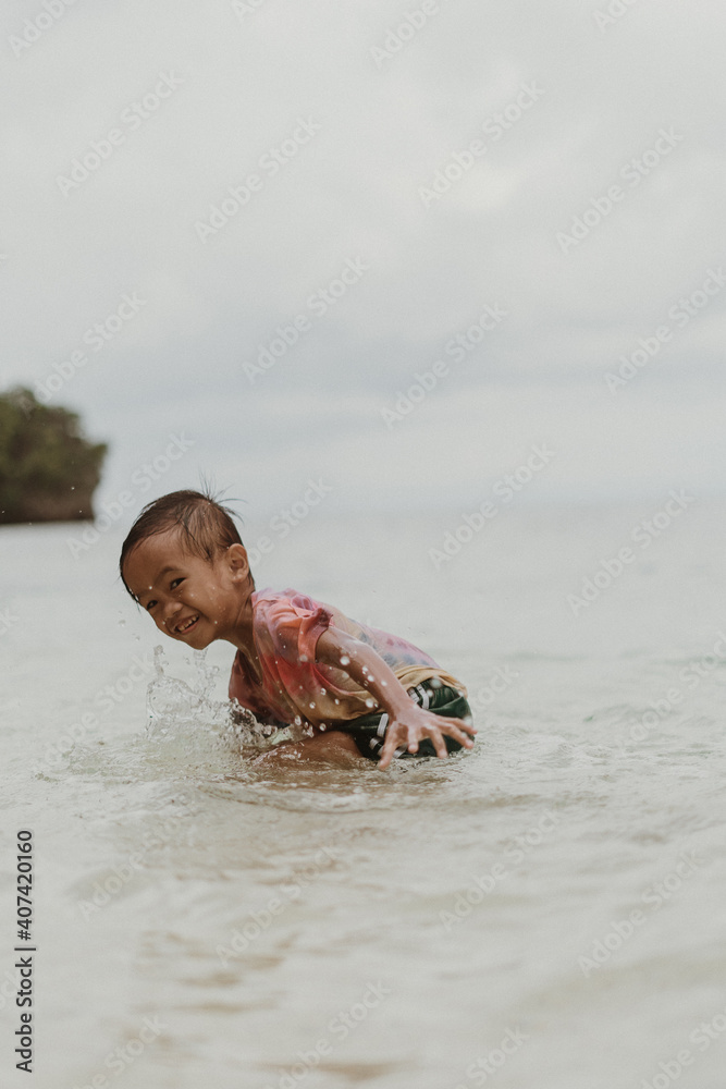 Portrait Happy Little Filipino Asian Boy Running and Playing while ...
