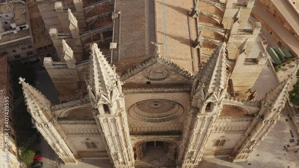 Gothic cathedral dron 4K video. Aerial view of a historic building with ...