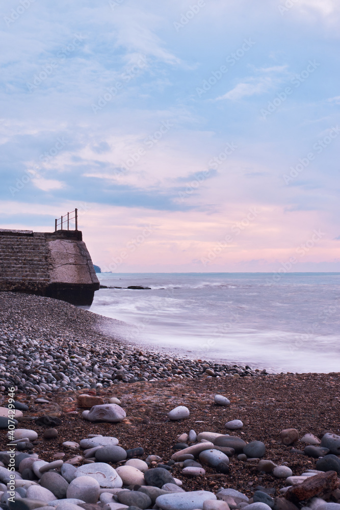Beautiful pink sea landscape. Beautiful sunset sky over sea coast with ...