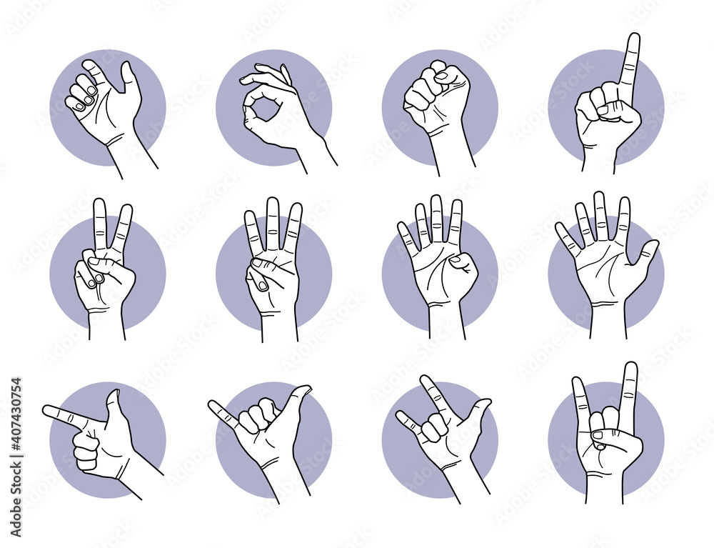 Hand and finger gestures. Vector illustrations of different hand ...