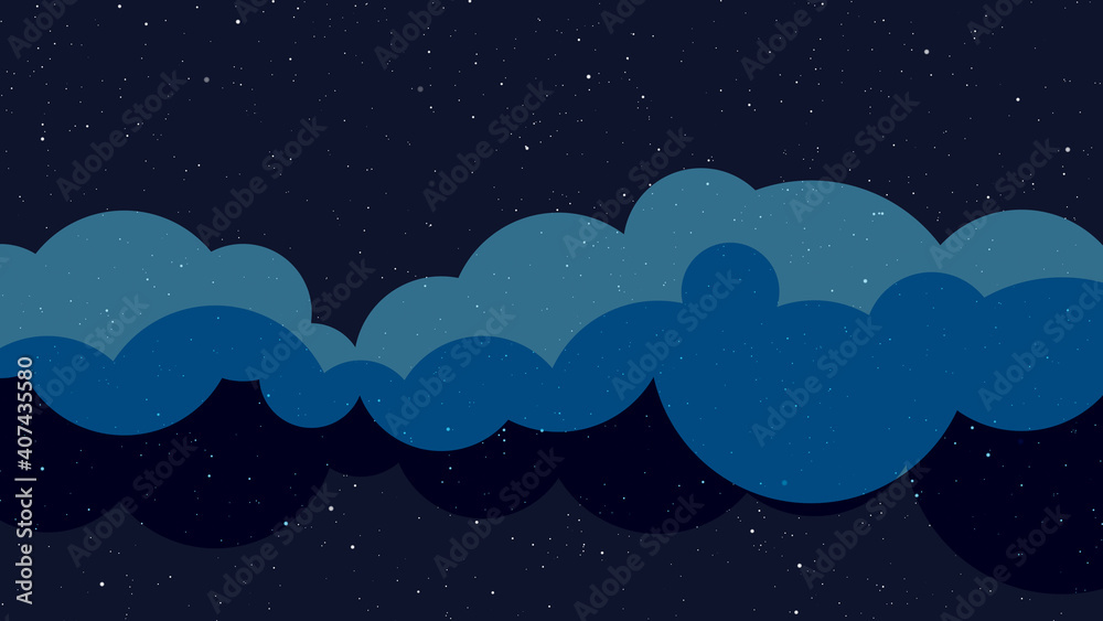 Cartoon night sky with shiny stars and clouds illustration. Stock ...