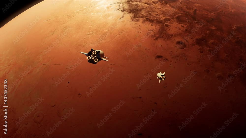 Rockets Starship landing on Mars. Large Space ships flying in space ...
