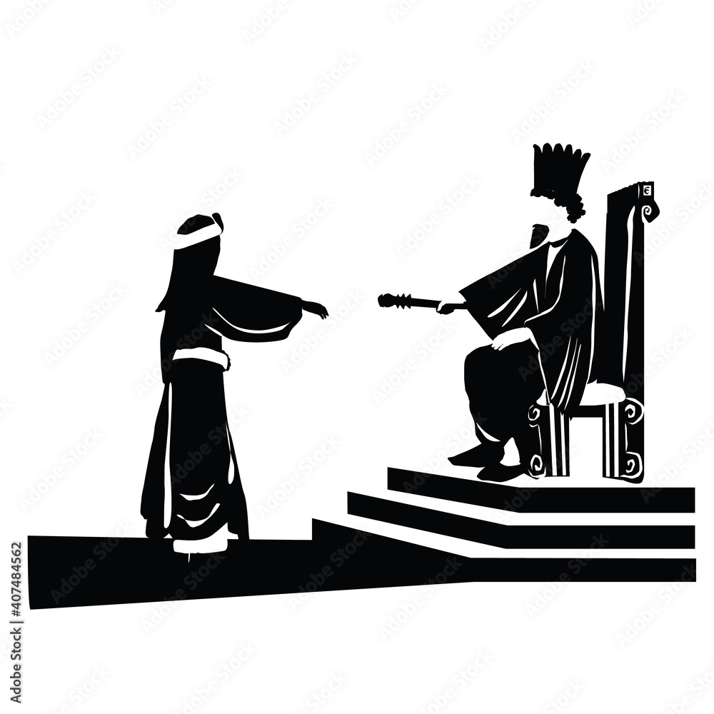 Vector drawing of the Persian king Ahasuerus extends the scepter to ...