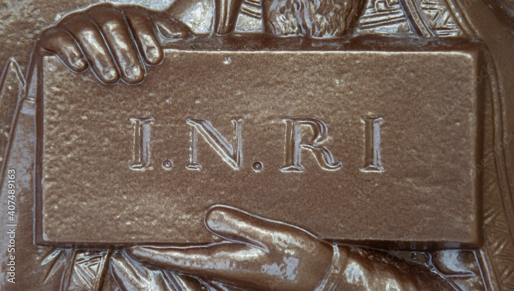 Sign INRI (Iesus Nazarenus, Rex Iudaeorum) King of the Jews, on copper ...