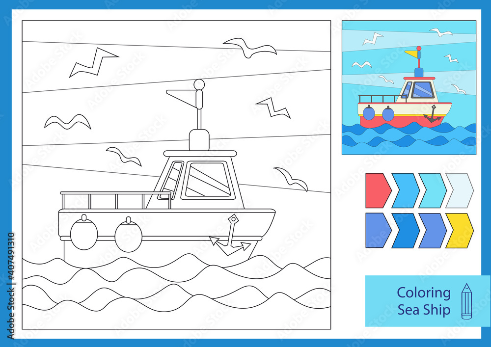 Coloring page for book. Landscape a sea ship. Drawing worksheets ...