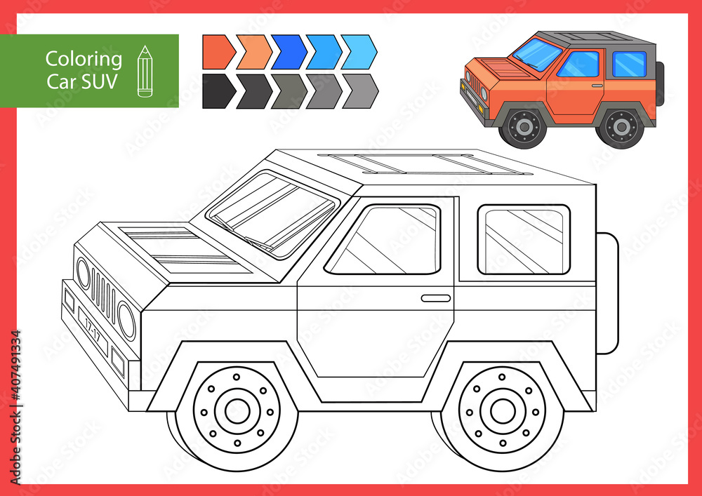 Coloring page for book. Drawing worksheets with a car SUV. Children ...
