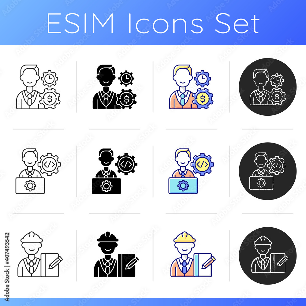 Corporate structure icons set. Acquiring funds for company. IT ...