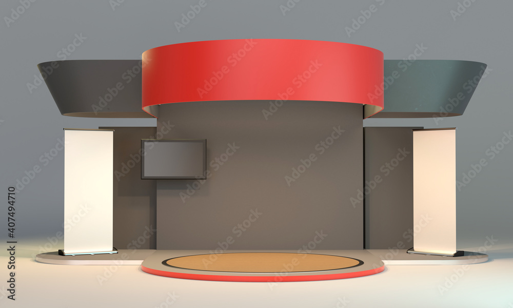 Exhibition stand design, Circle shape red booth mock-up with roll-up ...