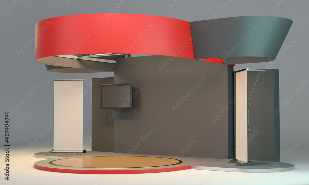 Exhibition stand design, Circle shape red booth mock-up with roll-up ...