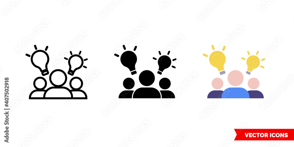 Brainstorm idea icon of 3 types color, black and white, outline ...