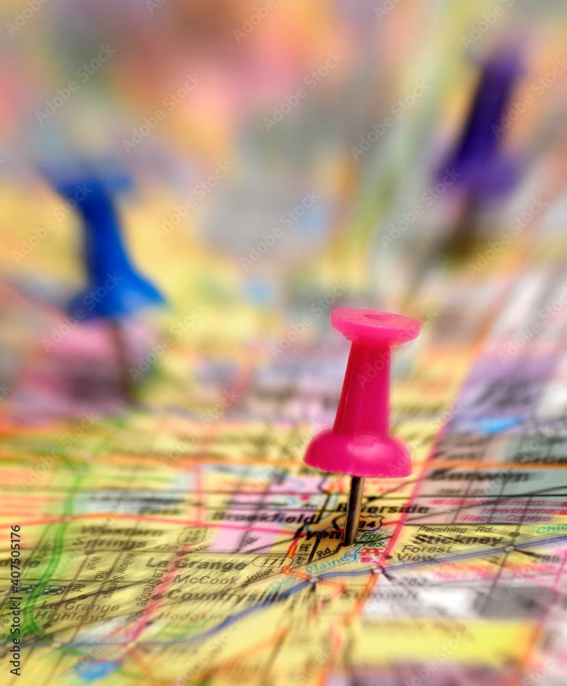 Map with Thumb Tacks Action Zoom to Destination Stock Photo | Adobe Stock