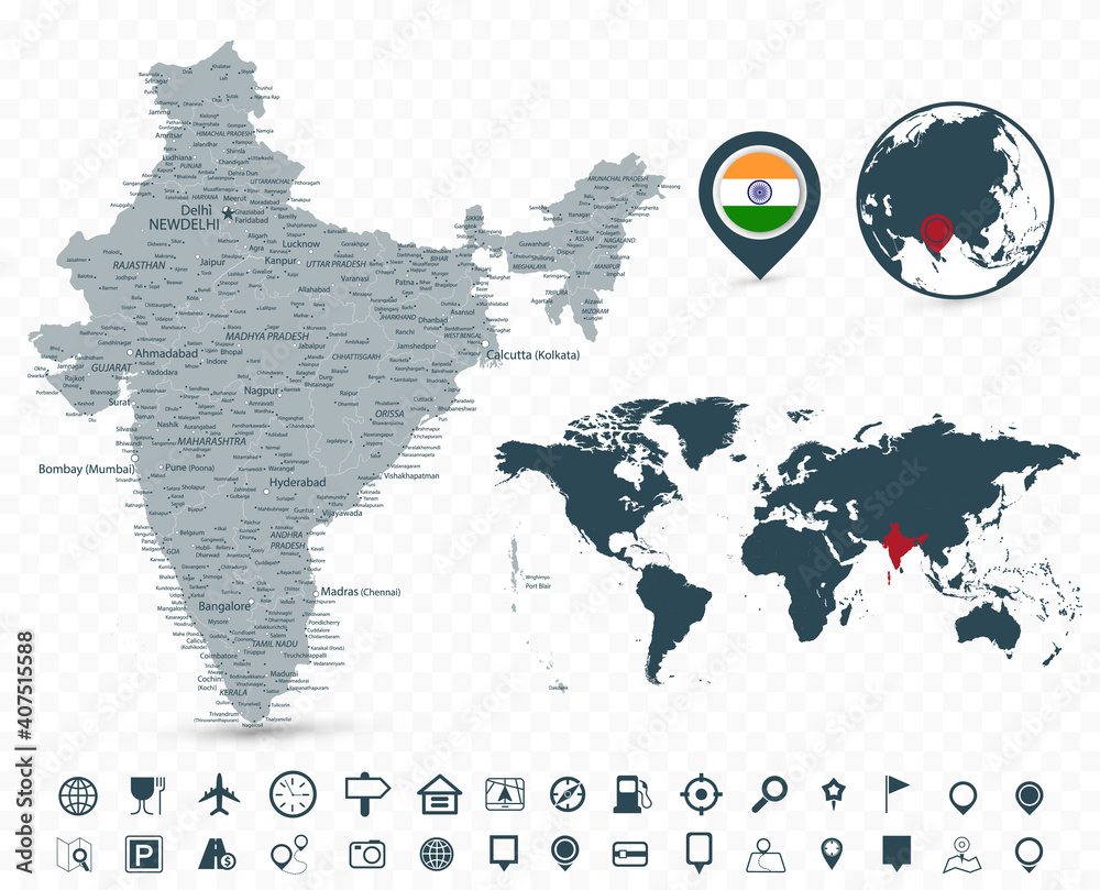 India Map and World Map isolated on transparent background Stock Vector ...