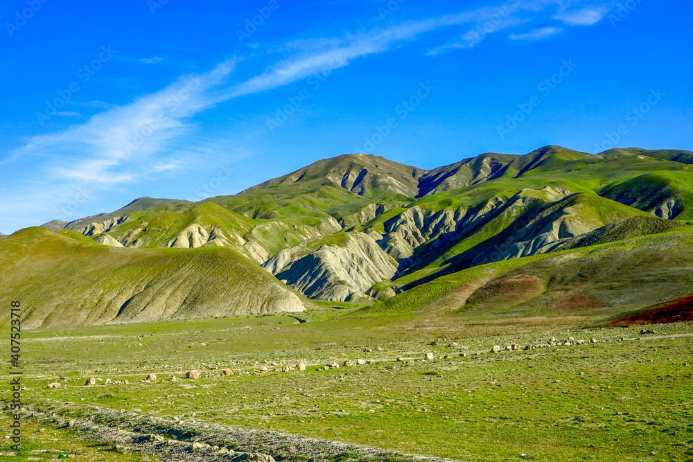 Azerbaijan, typical landscapes in the country's north east on the way ...