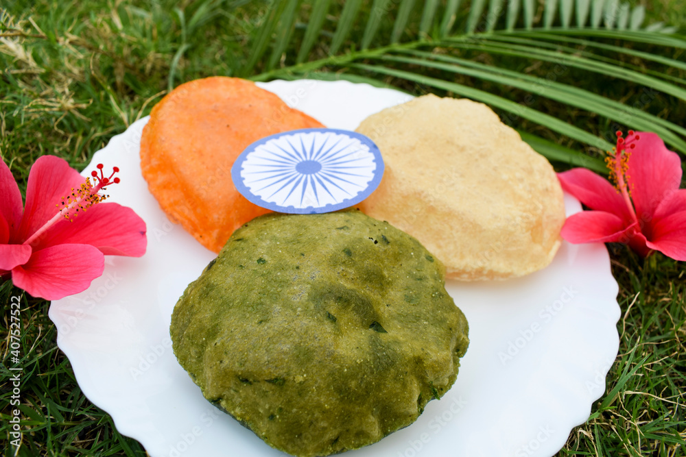 India tricolor tricolour food breakfast of spinach puri, carrot puri ...