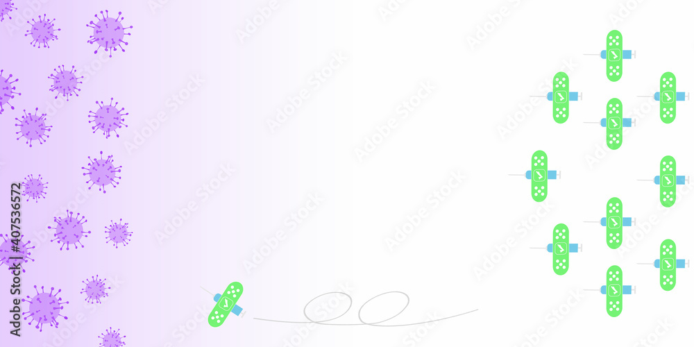 Flying vaccine sticker distroying virus, syringe with plaster and check ...