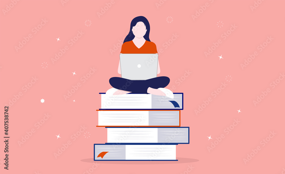 Online education woman - Female person sitting on stack of books ...