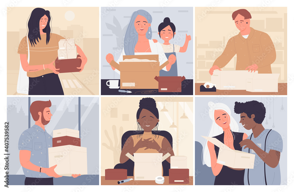 Happy people open cardboard parcel boxes vector illustration set ...