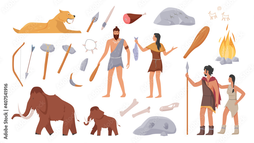 Stoneage primeval family people, prehistoric animals, tools vector ...