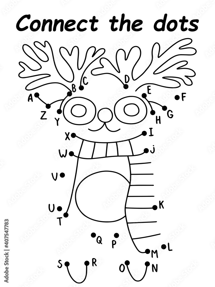 Connect the dots game with reindeer in scarf stock vector illustration ...