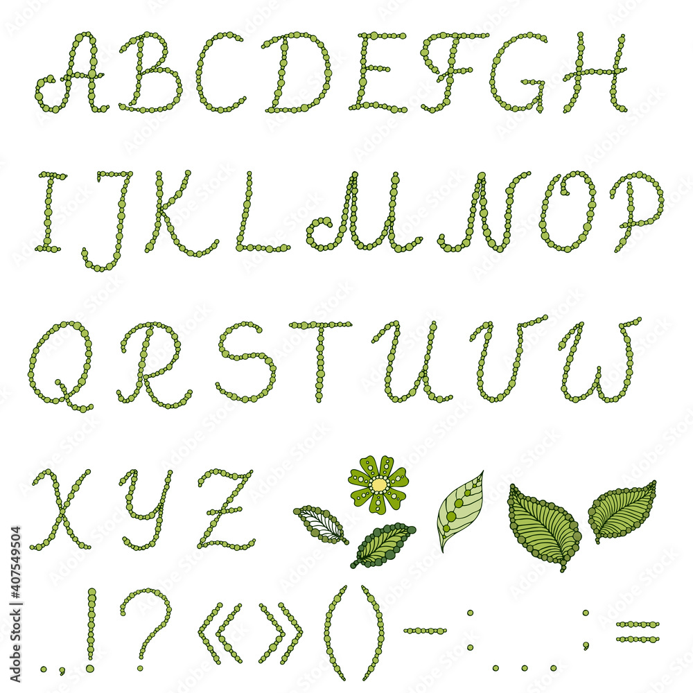 Hand drawn colored alphabet calligraphy set in doodle style with pearls ...