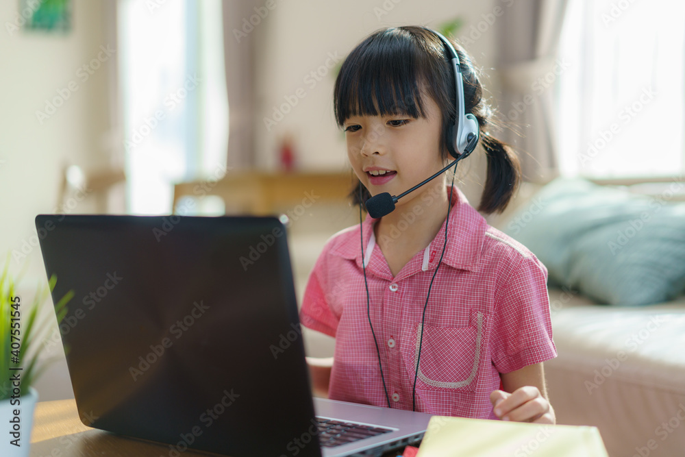 Asian girl student video conference e-learning with teacher and ...
