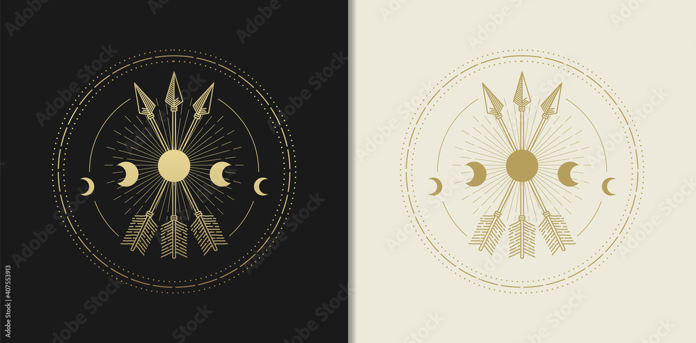 Arrow, bow with geometric symbols frames. Sacred mystic signs drawn in ...