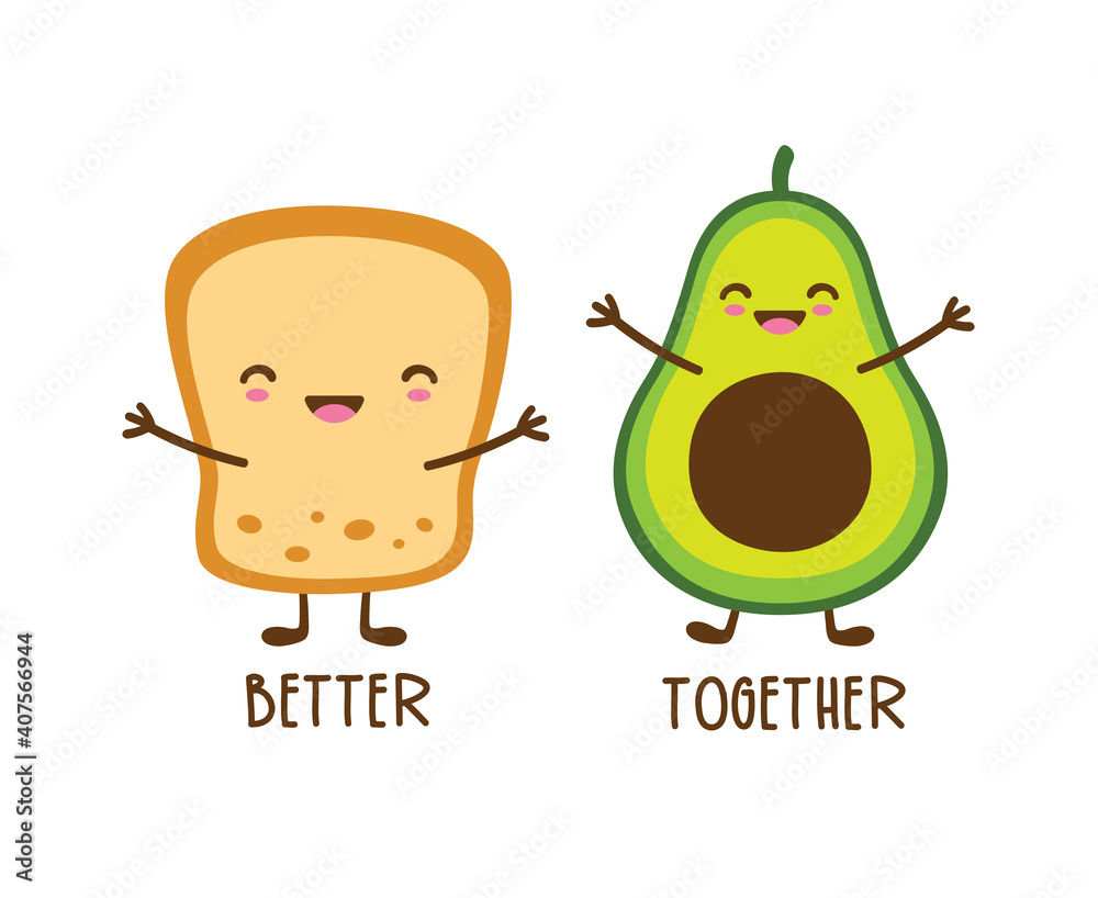 Cute smiling best friend avocado and toast cartoon with face vector ...