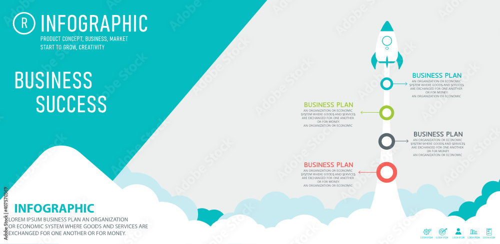 Startup infographic with startup info template. Abstract rocket vector ...